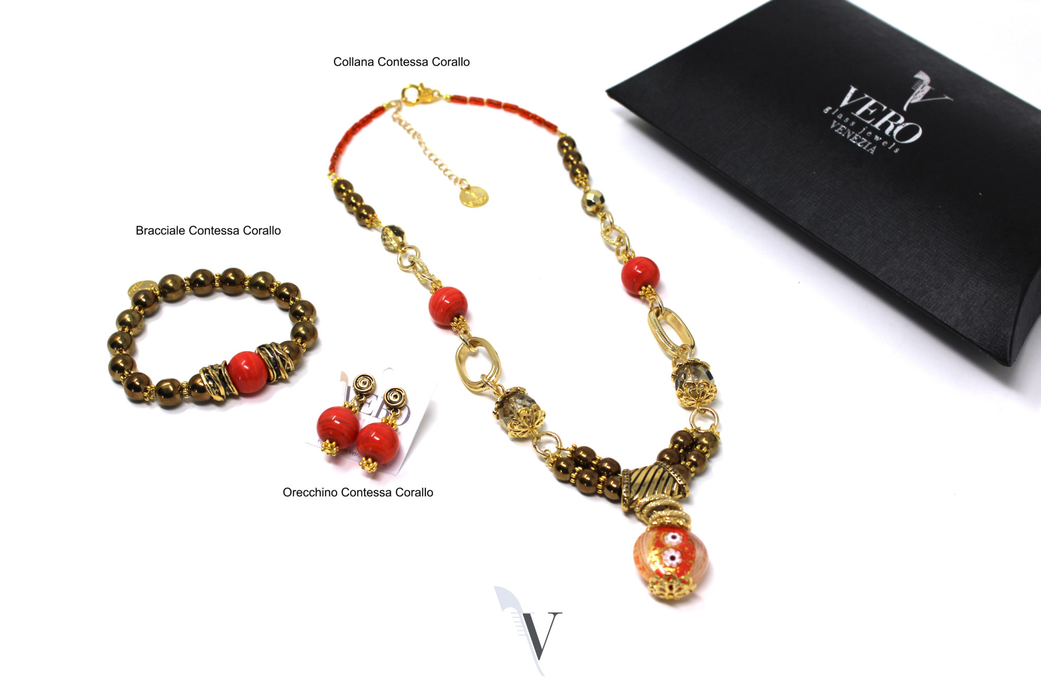 Parure Contessa Corallo - Murano Glass - Vaccari Perle